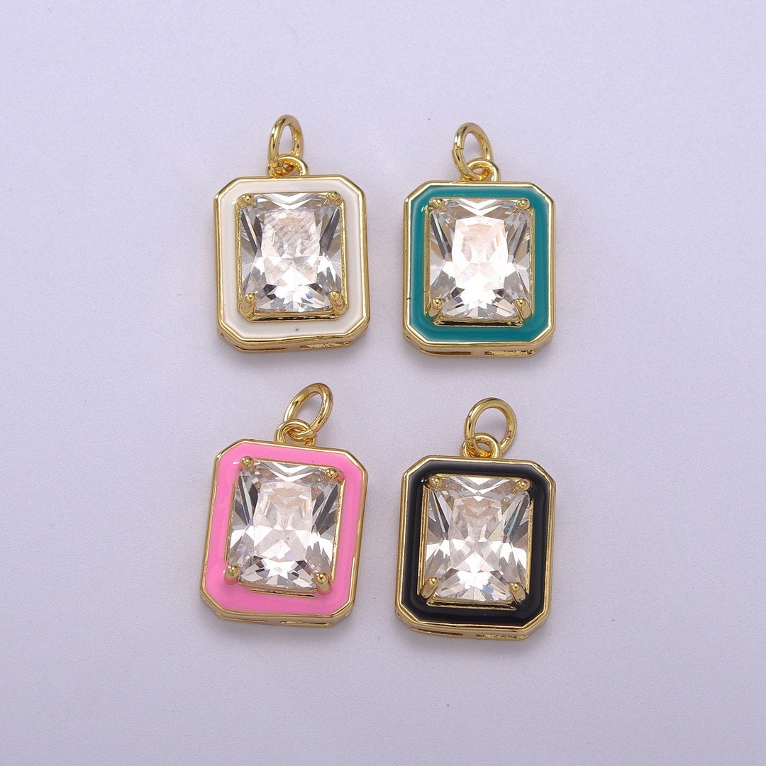 1pc Gold Rectangle Enamel Solitaire CZ Charms, Cubic Octagonal Charm ...