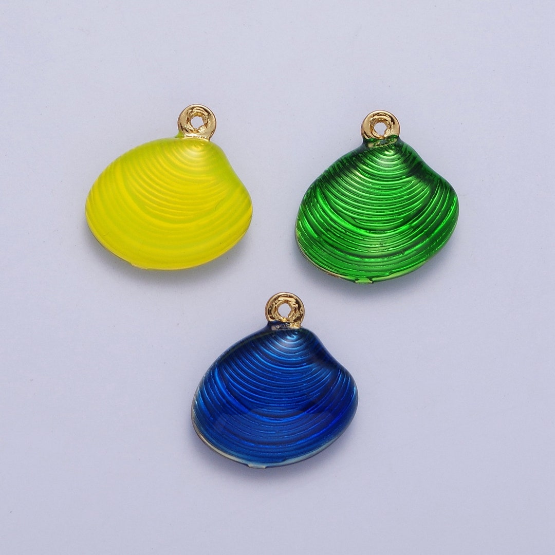 14.3x13.5mm Dainty Neon Colored Clam Shell Pendant, 24K Gold Plated Sea ...