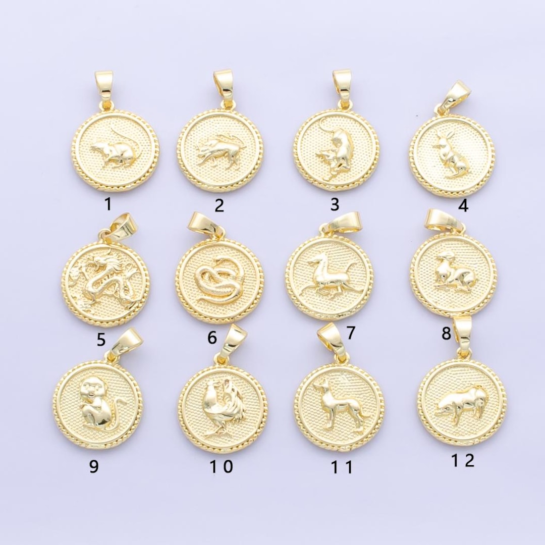 Dainty 24k Gold Filled Chinese Zodiac Charm 12 Animal Round Coin ...