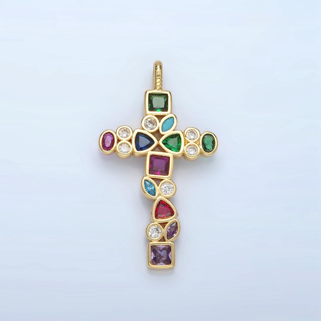 14k Gold Filled Multicolor Cz Geometric Cross Pendant for Religious ...