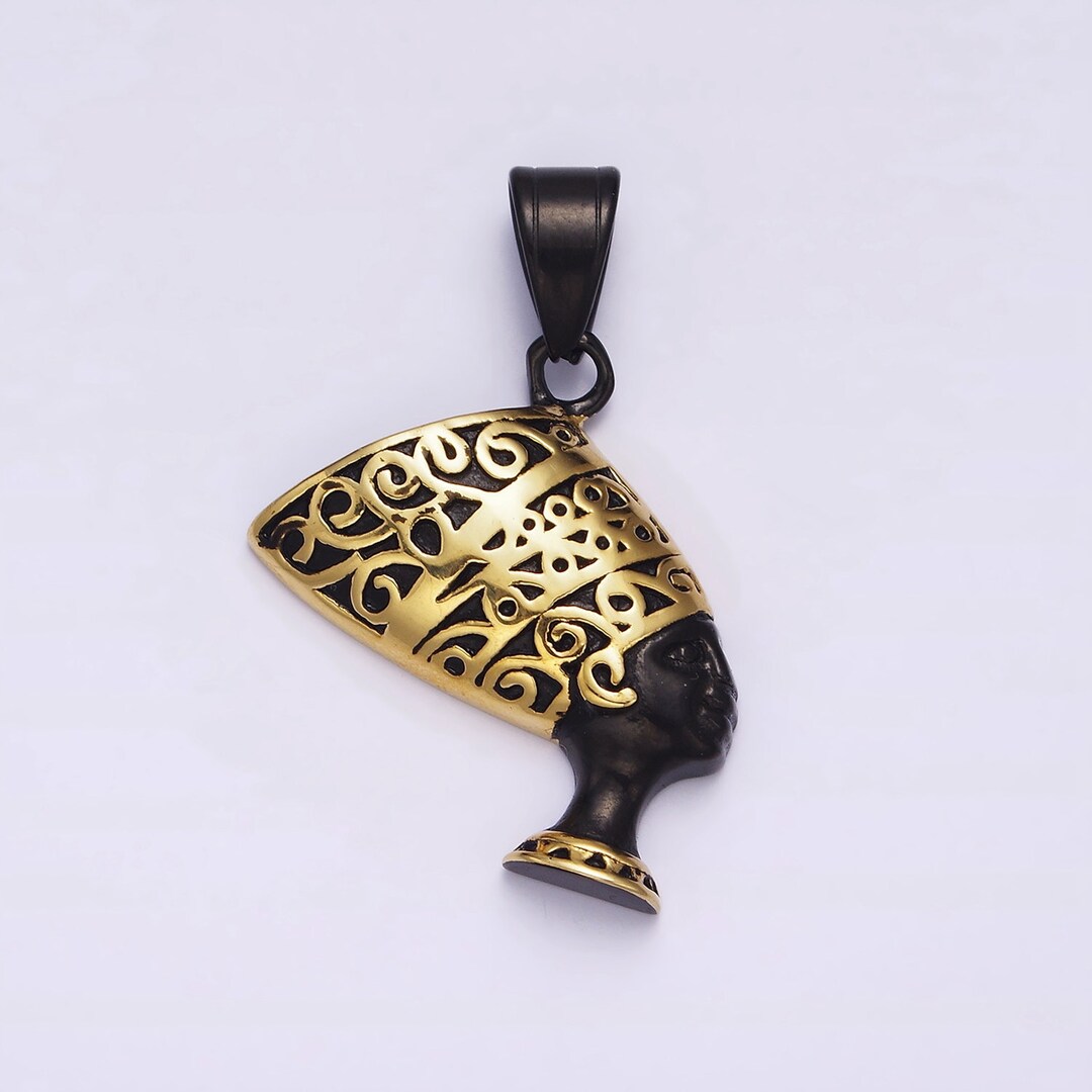 Stainless Steel Black Gold Nefertiti Charm Ancient Egyptian Queen Head ...
