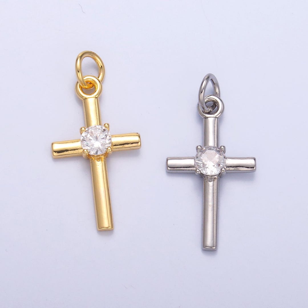 Slim Cross Charm 24K Gold Filled Clear CZ Religious Cross Mini Charm in ...