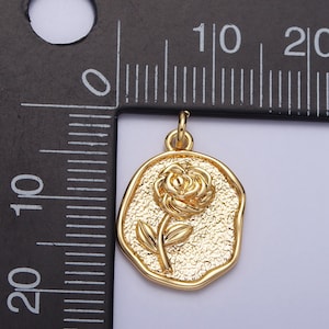 Dainty Gold Rose Charm Flower Rustic Coin Frame Shape Pendant Floral ...