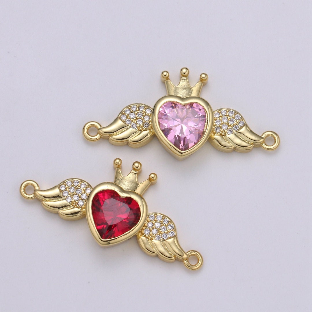 1pc Heart Solitaire CZ 24K Gold Connector, Angel Adjustable Gold ...