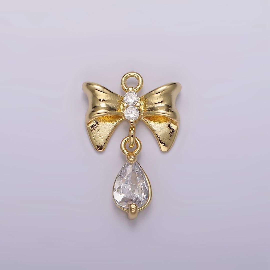 Mini 14k Gold Filled Ribbon Bow Charm With Tear Drop Micro Paved Cz ...