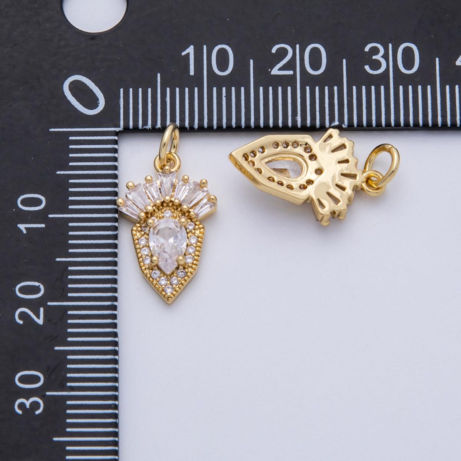 18K Gold Filled 17mm Clear Multi Cut CZ Royal Shield Charm Dainty Crown ...