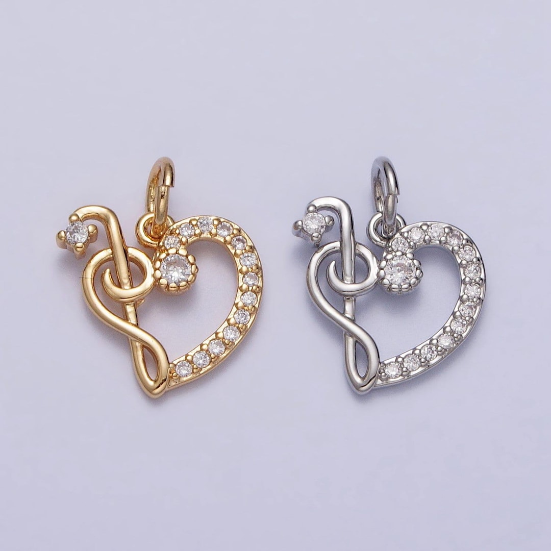 Dainty G Bass Clef Heart Charm Micro Pave Gold Music Note Treble Clef ...