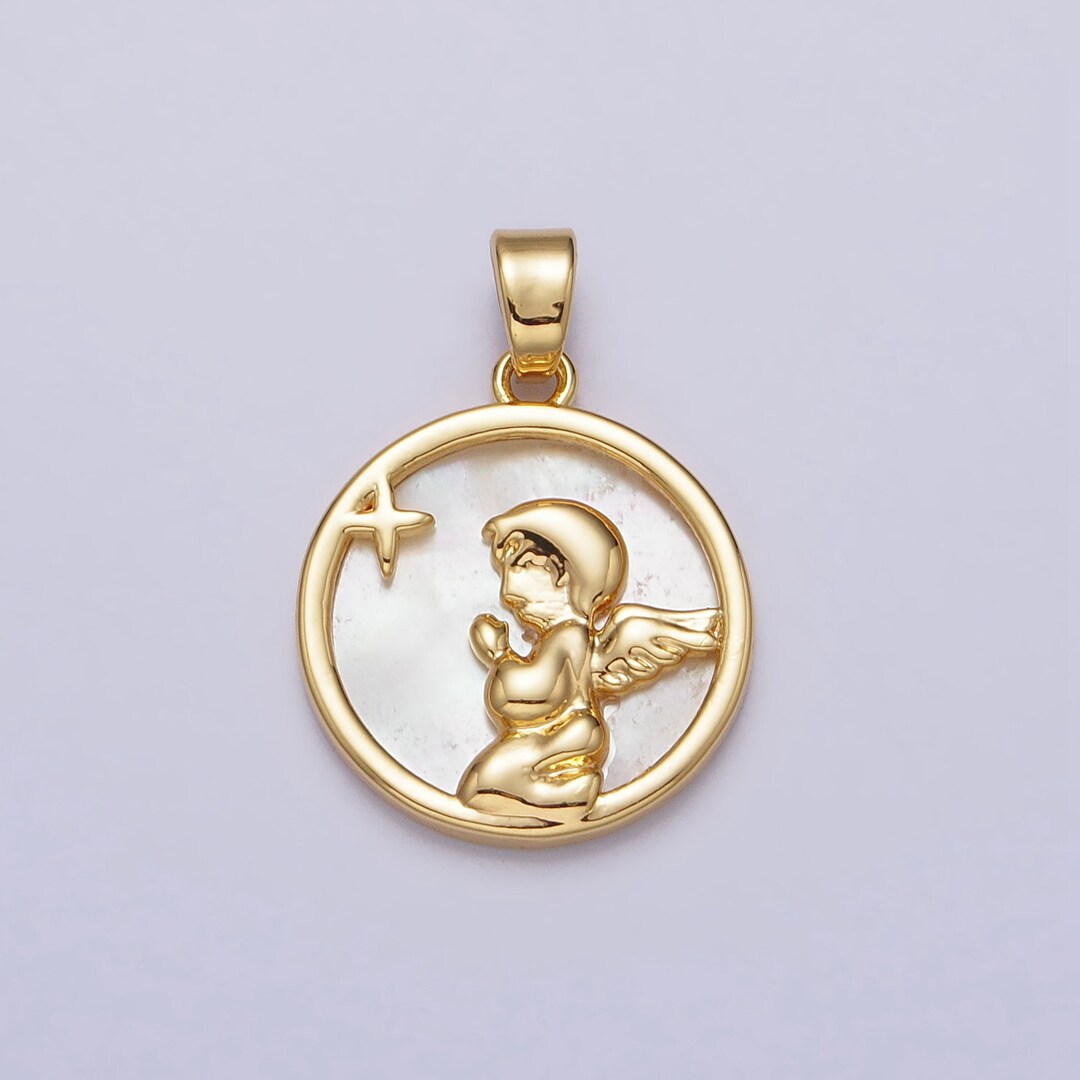 Gold Pearl Praying Angel Coin Medallion Pendant, 24K Gold Filled Round ...
