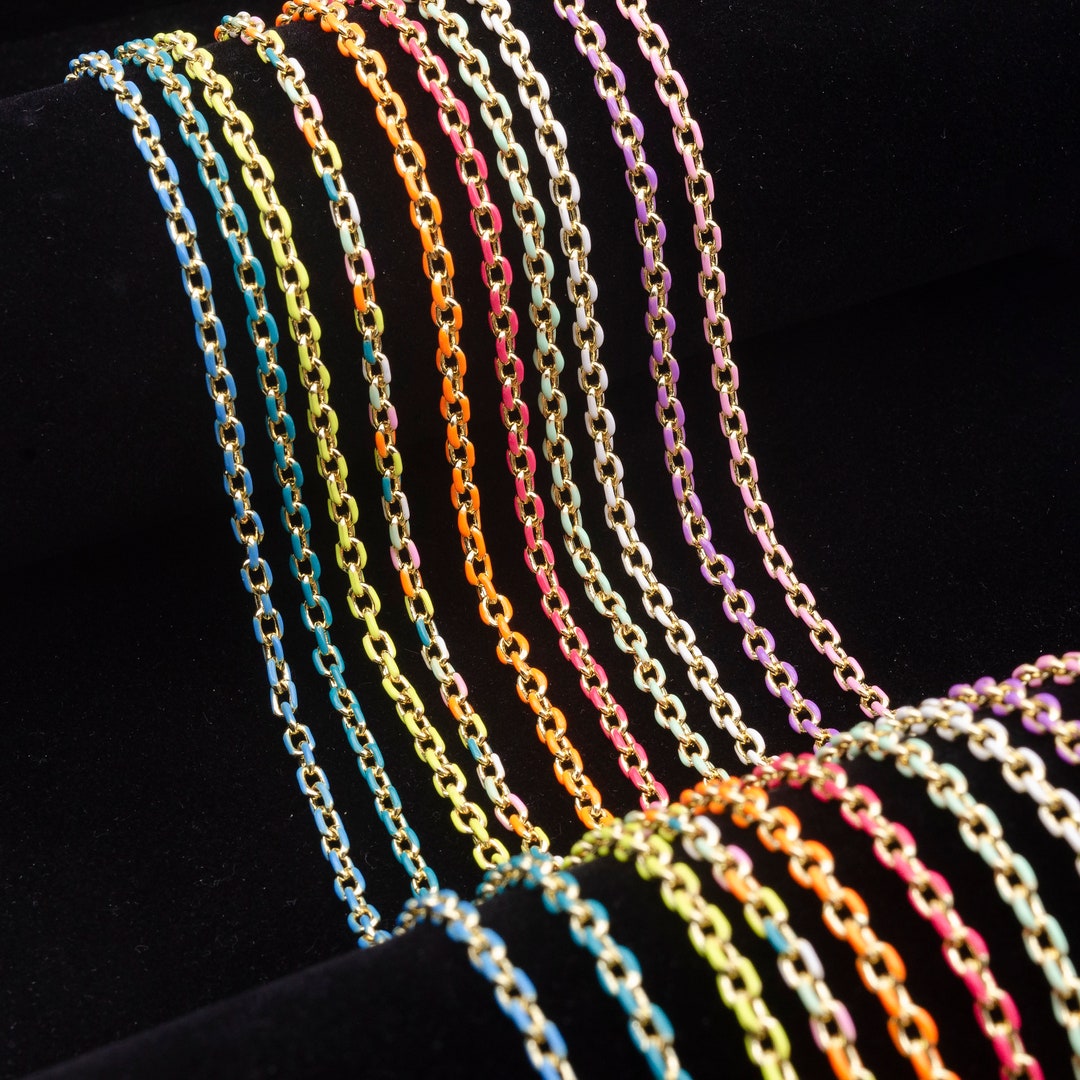 Dainty Multi Color Enamel Cable Link Chain by Yard, Colorful Gold Link ...