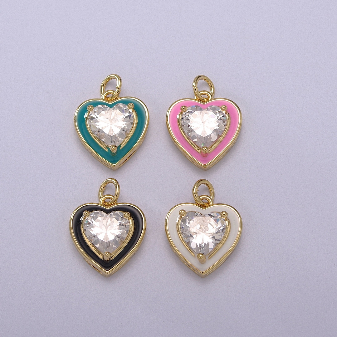 1pc Gold Heart Enamel Solitaire CZ Charms, Cubic Love Charm With Color ...