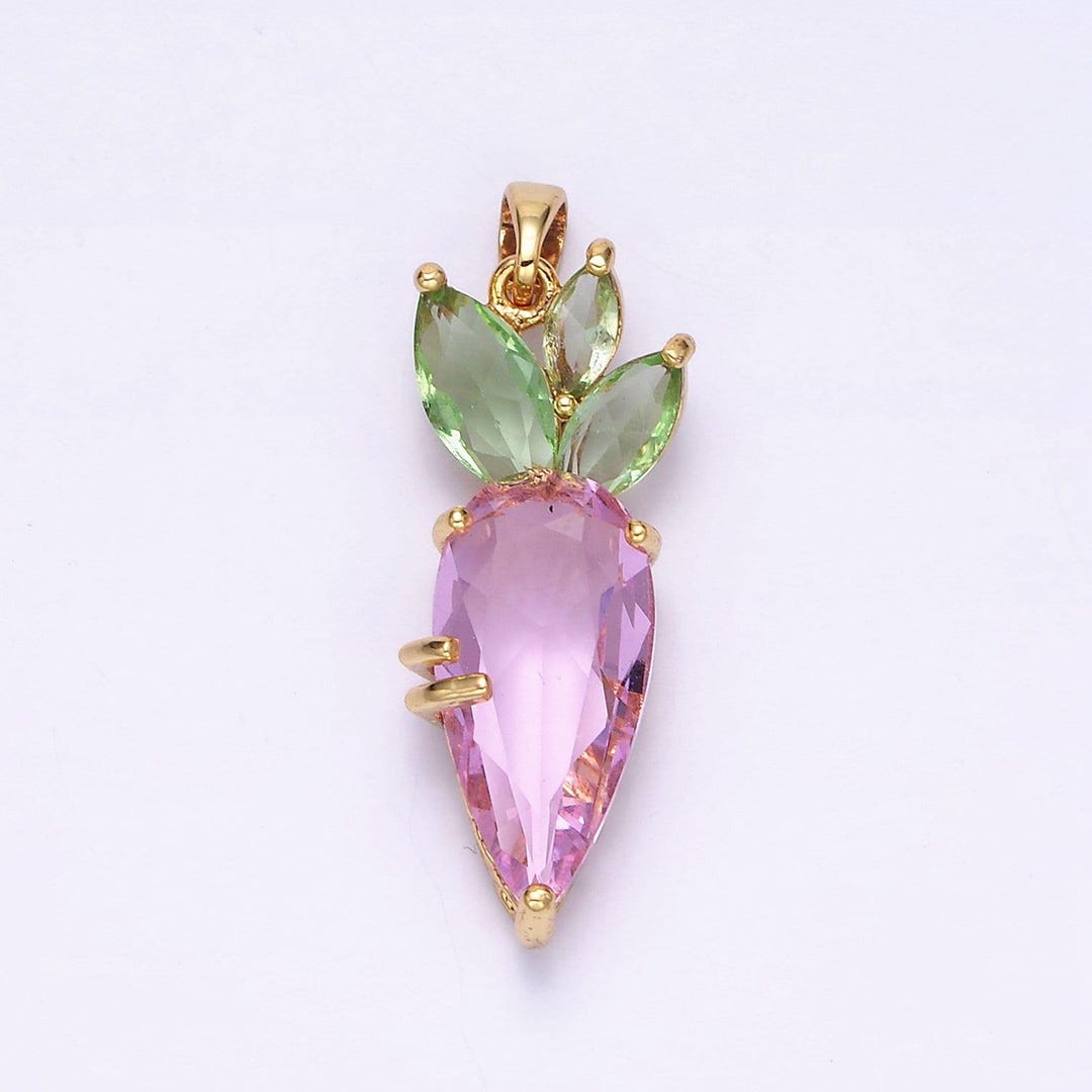Dainty Gold Filled Pink Carrot Charms Green Cubic Zirconia Vegetable ...