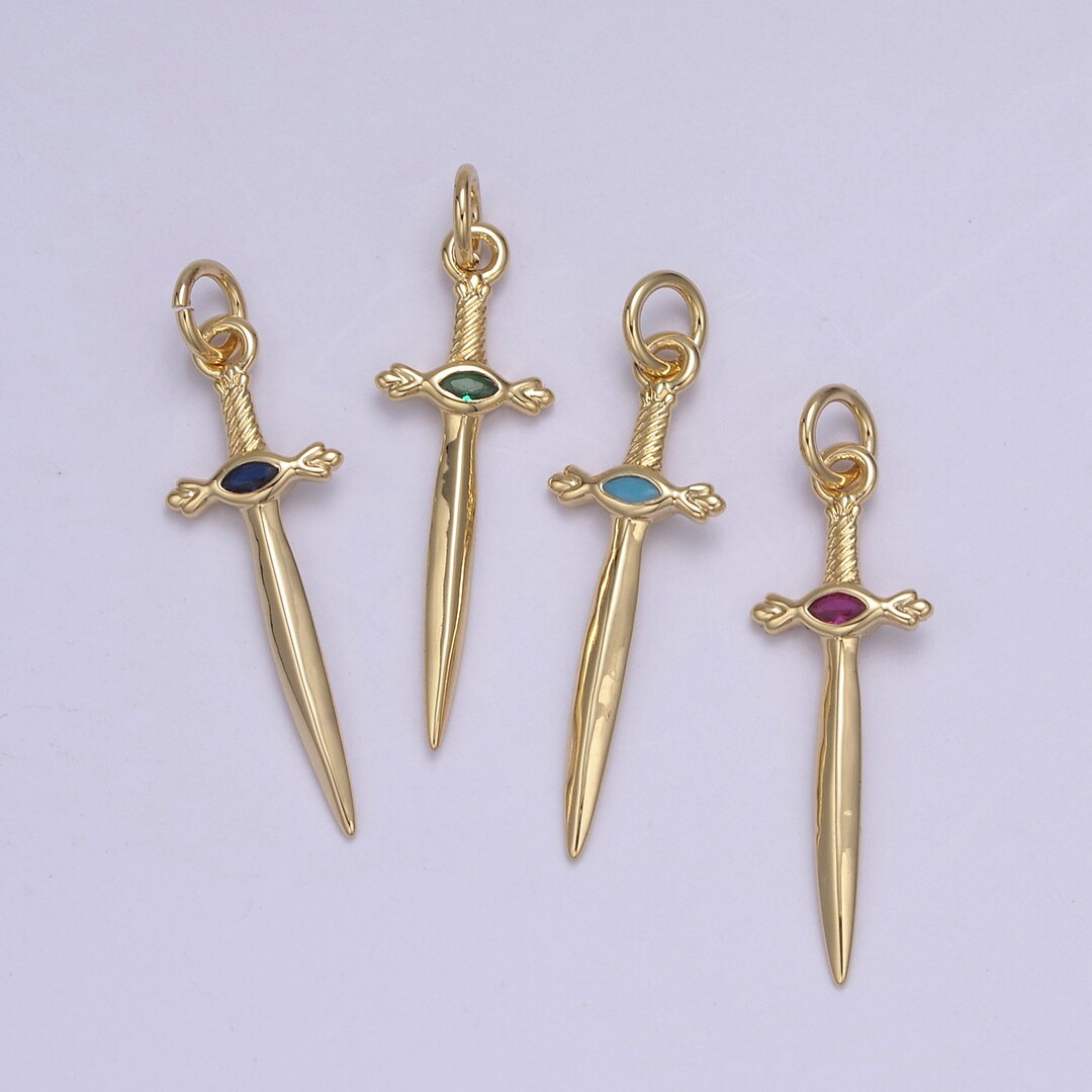 Dainty Sword Inlay CZ Gemstone With 4 Color Option Dagger Knife Pendant ...
