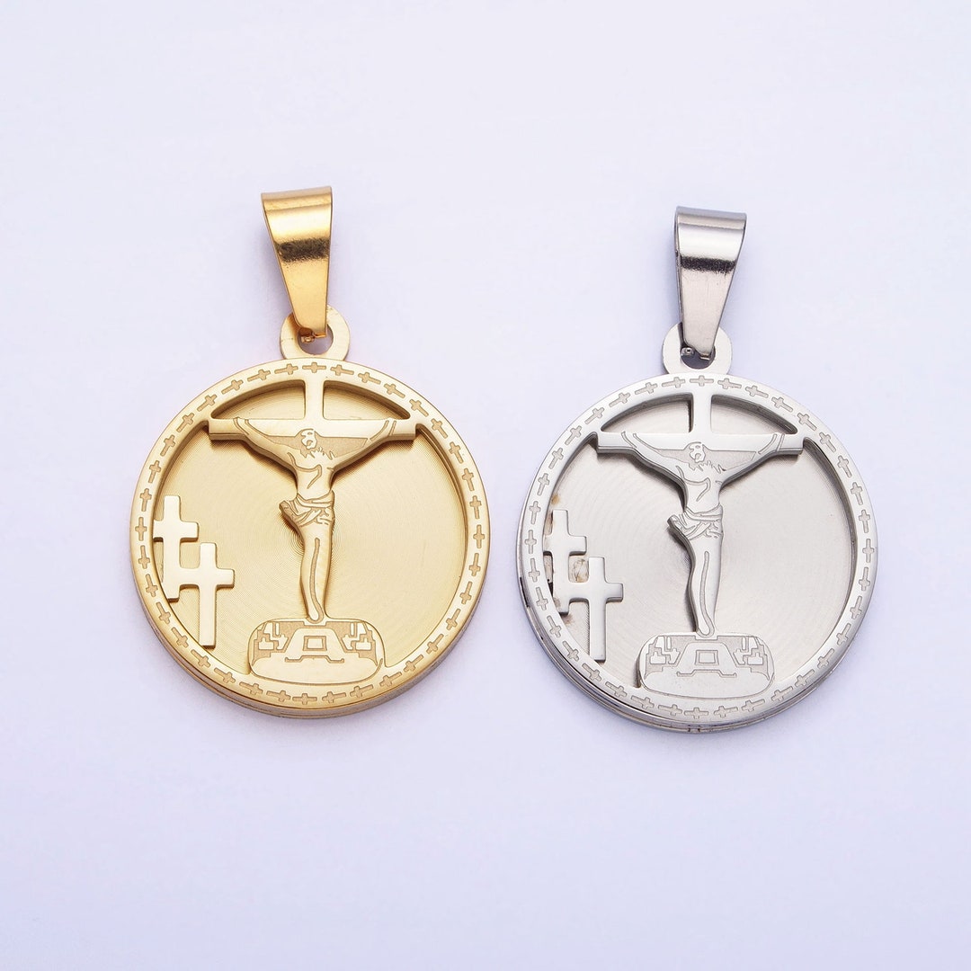 Medallion Charm Stainless Steel Crucifix Cross Pendant in Gold Silver ...