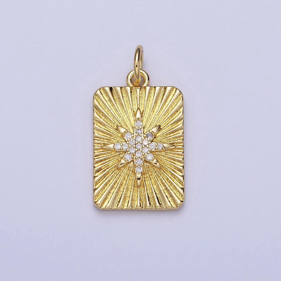 Micro Pave Gold North Star Tag Plate Pendant Celestial Tile Charms With ...