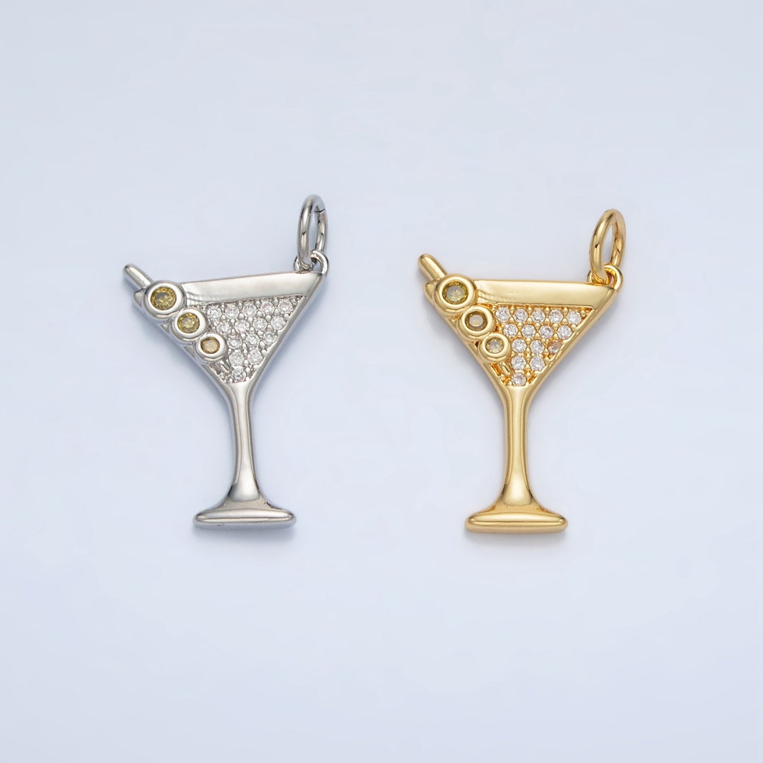 Dainty Gold Martini Charm With Cz Cubic Gold Drink Glass Olive Micro ...