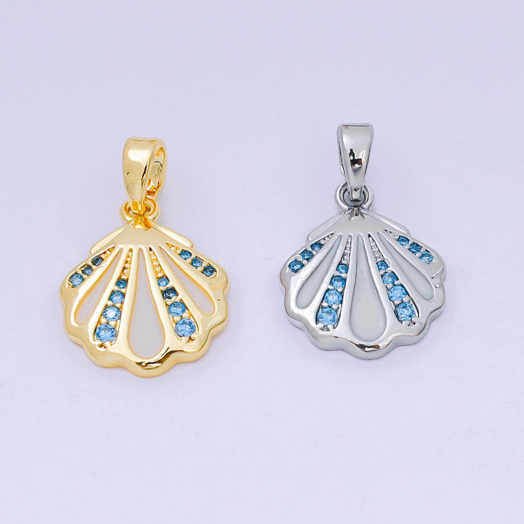 24K Gold Filled 15mm Sky Blue Micro Paved CZ Clam Shell Dainty Charm in ...