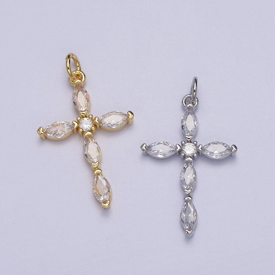 Cubic Cross Pendant Gold Plated Cross Necklace, Marquise Cz Diamond ...