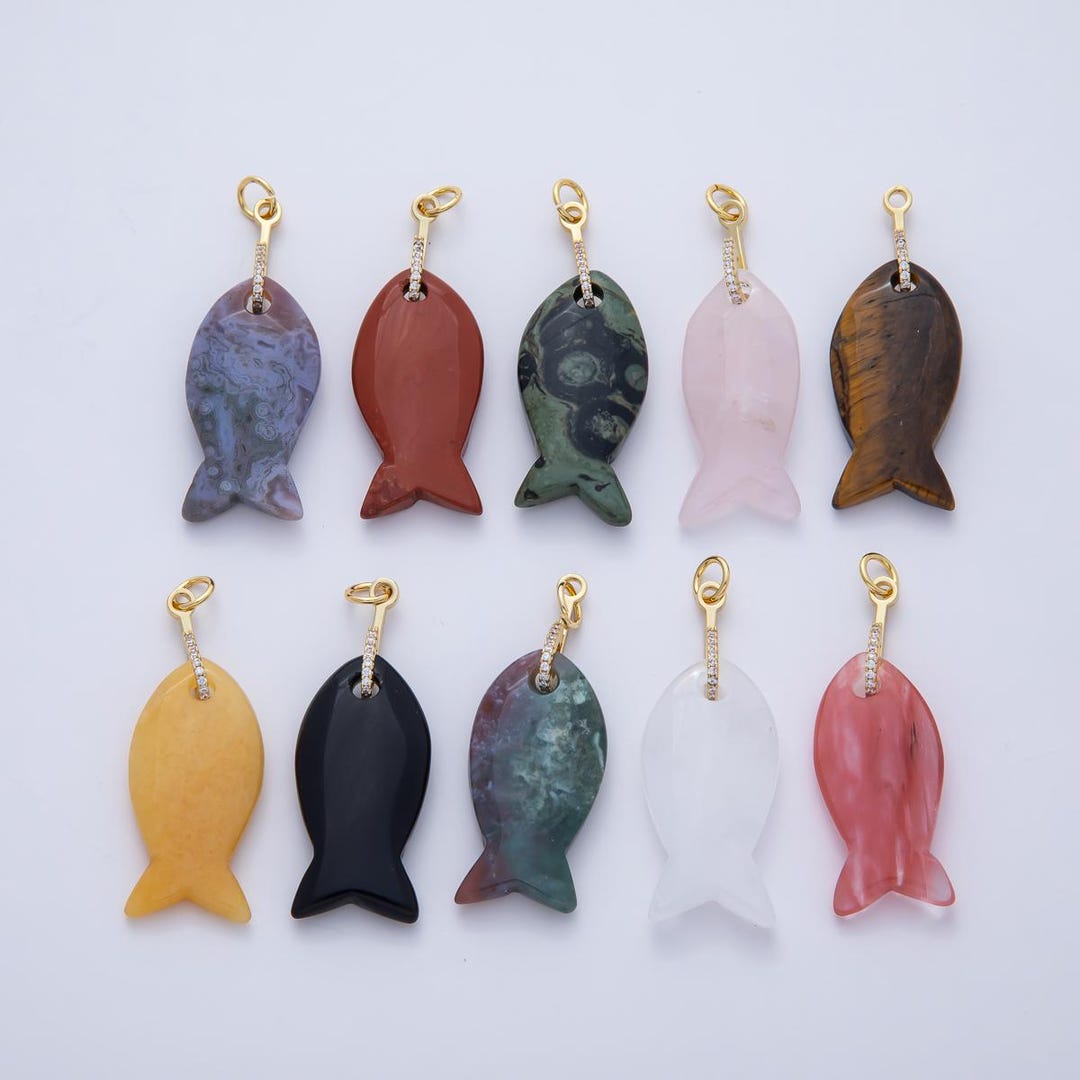 18k Gold Filled 51mm Big Gemstone Fish Pendant Natural Stone CZ Charm ...