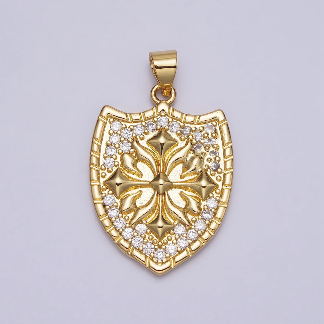 Dainty Gold Cross Shield Pendant for Necklace With Cubic Zirconia ...