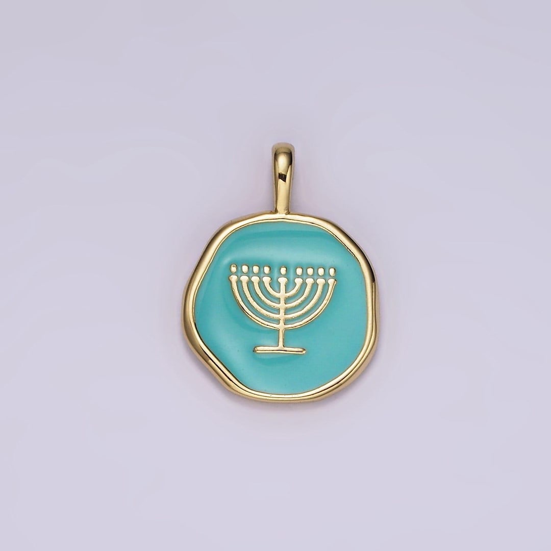 14k Gold Filled Menorah Charm Jerusalem Pendant Blue Teal Enamel Jewish ...