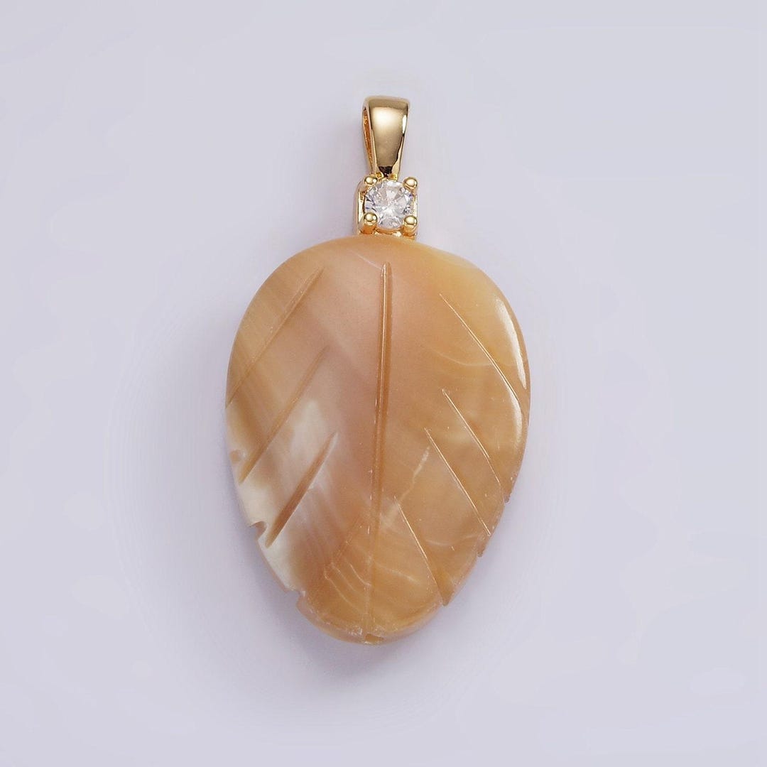 14k Gold Filled Beige Brown Leaf Feather Shell Pearl Cz Pendant | P1665 ...
