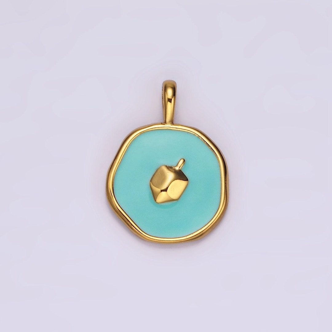 14k Gold Filled Dreidel Charm Jerusalem Pendant Blue Teal Enamel Jewish ...