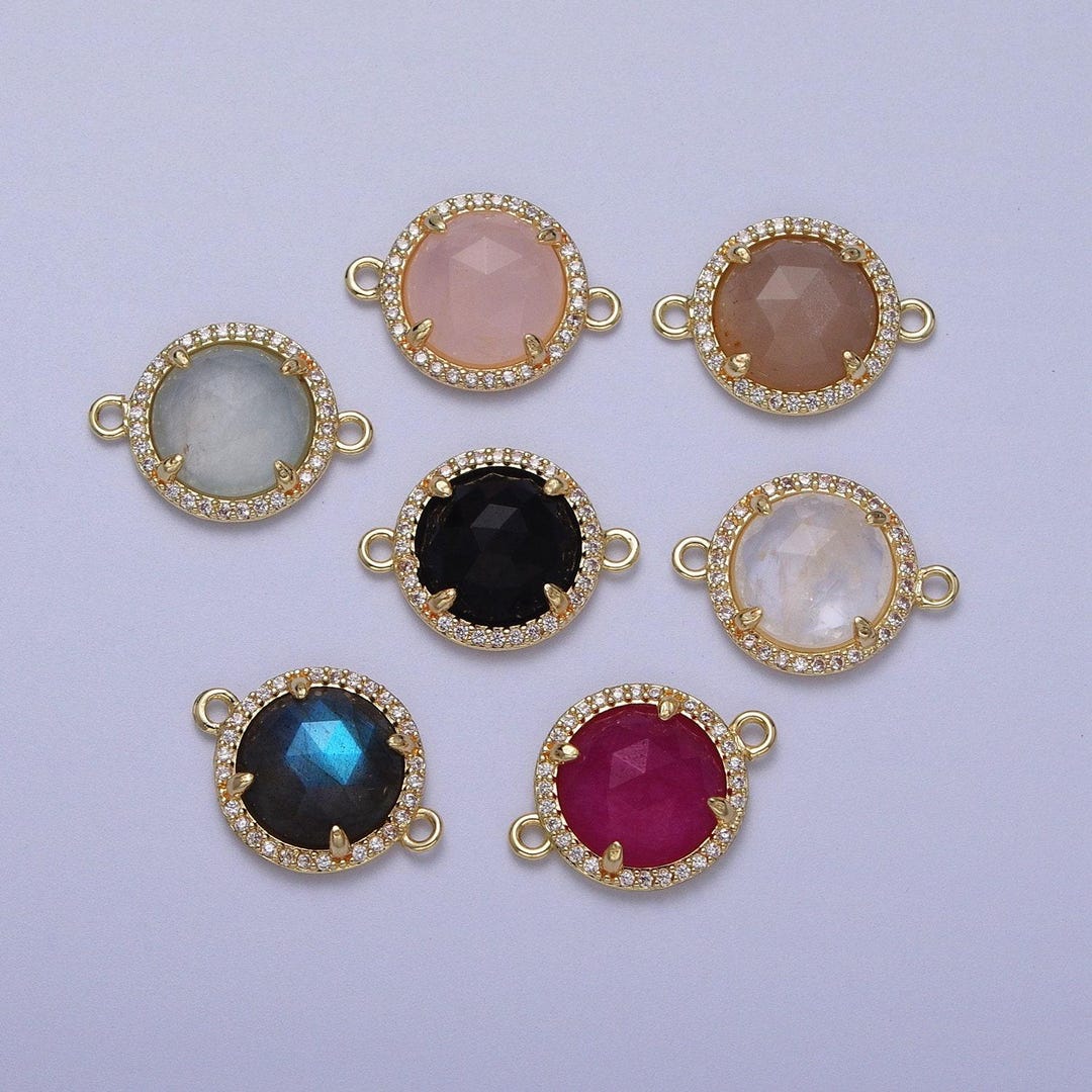 Micro Paved Multifaceted Natural Stone Round Charm Connector Double ...
