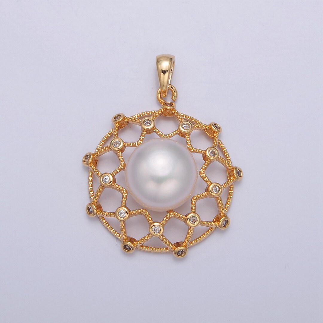 Round Medallion Pave Genuine Shell Pearl Pendant Minimalist Bridal ...
