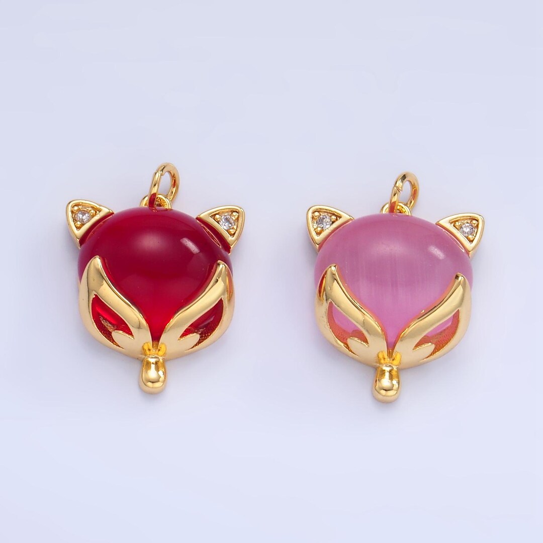 CZ Micro Paved Red, Pink Cats Eye Gemstone 24K Gold Filled Cat Animal ...