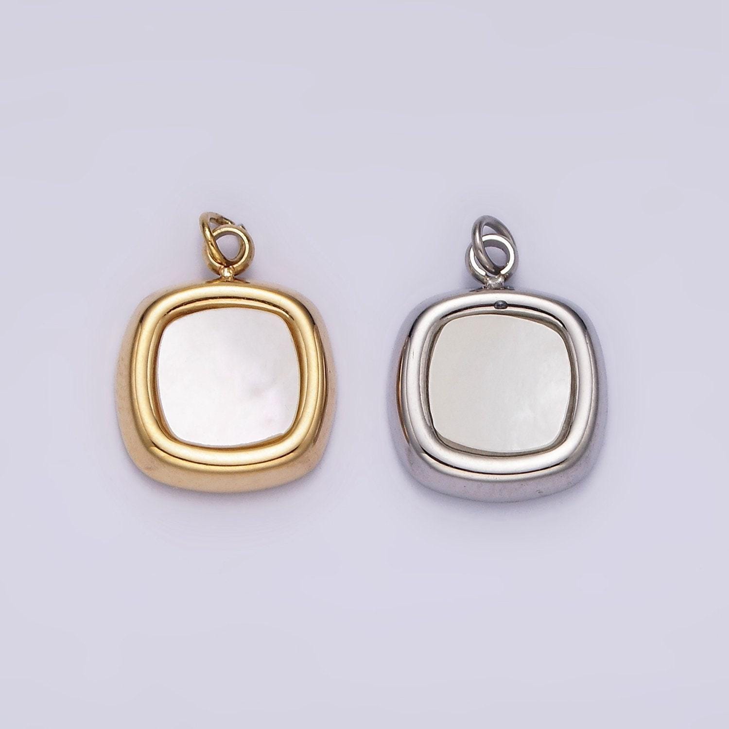 Stainless Steel Shell Pearl Square Bezel Charm in Gold & Silver | P1321 ...