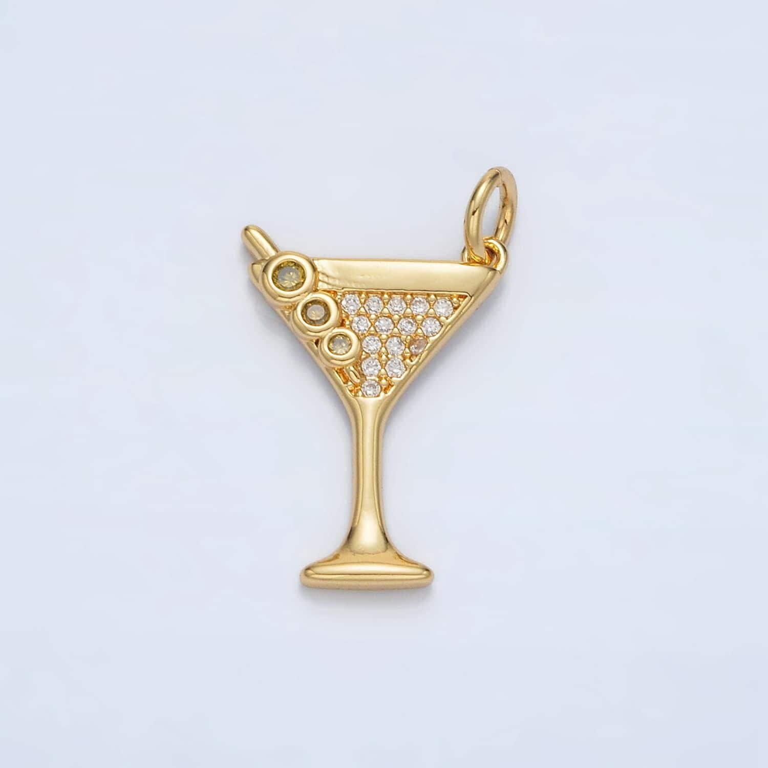Dainty Gold Martini Charm With Cz Cubic Gold Drink Glass Olive Micro ...