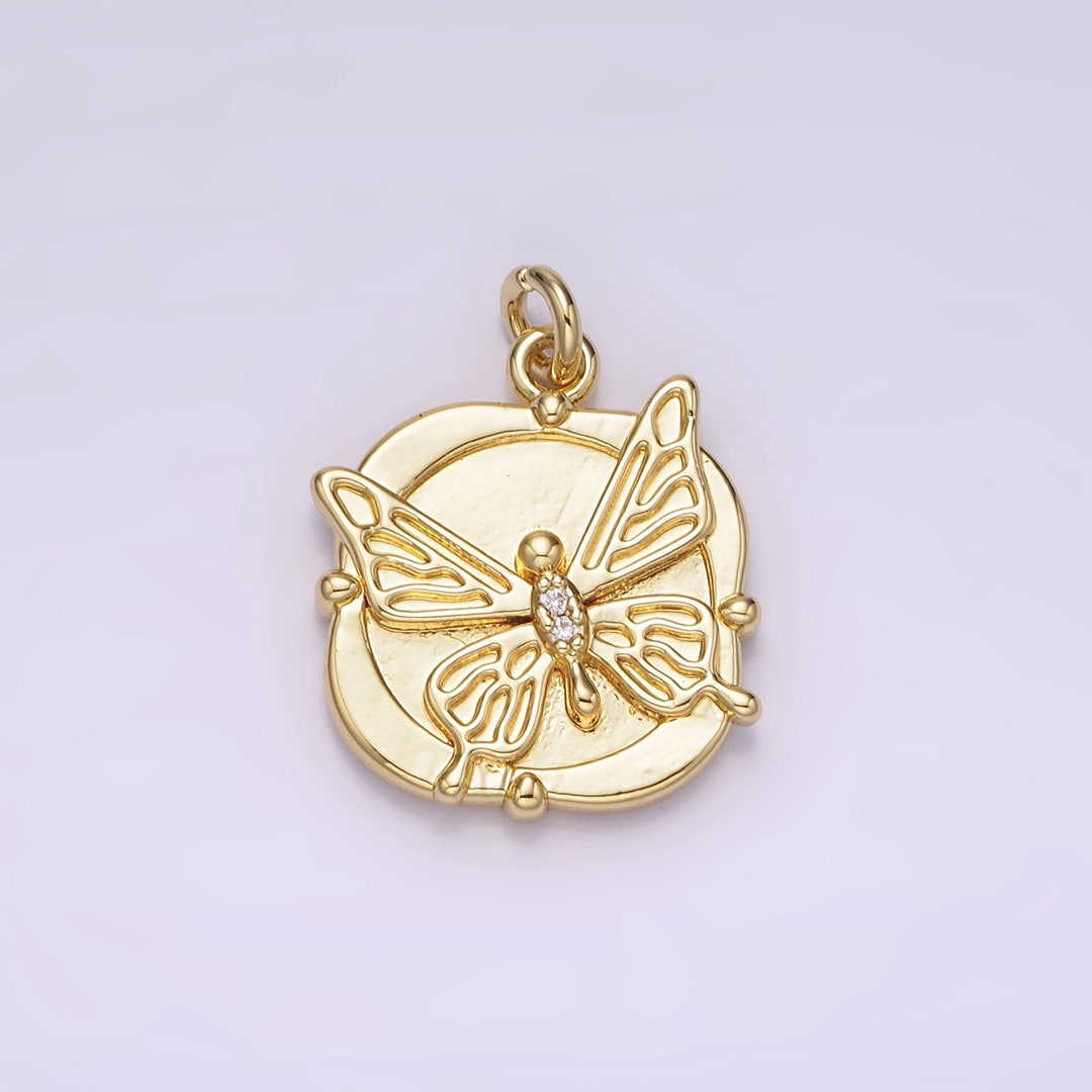 Gold Butterfly Charm Medallion Pendant, 14K Gold Filled Round Mariposa ...