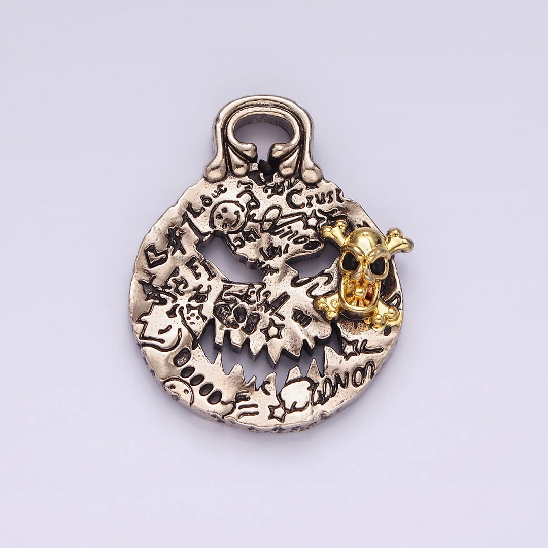 Stainless Steel Black CZ Skull Charm Skeleton Angry Face Graffiti ...