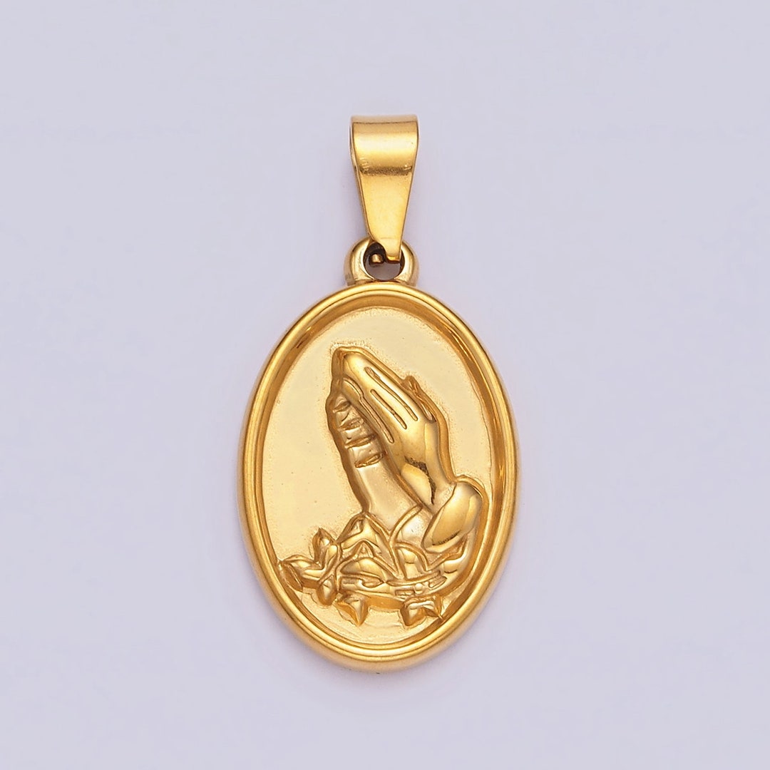 Gold Stainless Steel Oval Prayer Hands Pendant, Religious Gifts Dainty ...