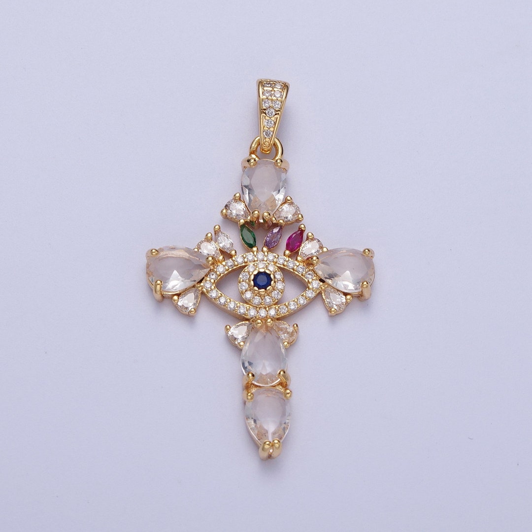 Gold CZ Crystals Evil Eye Cross Pendant, 24K Gold Filled Marquise ...