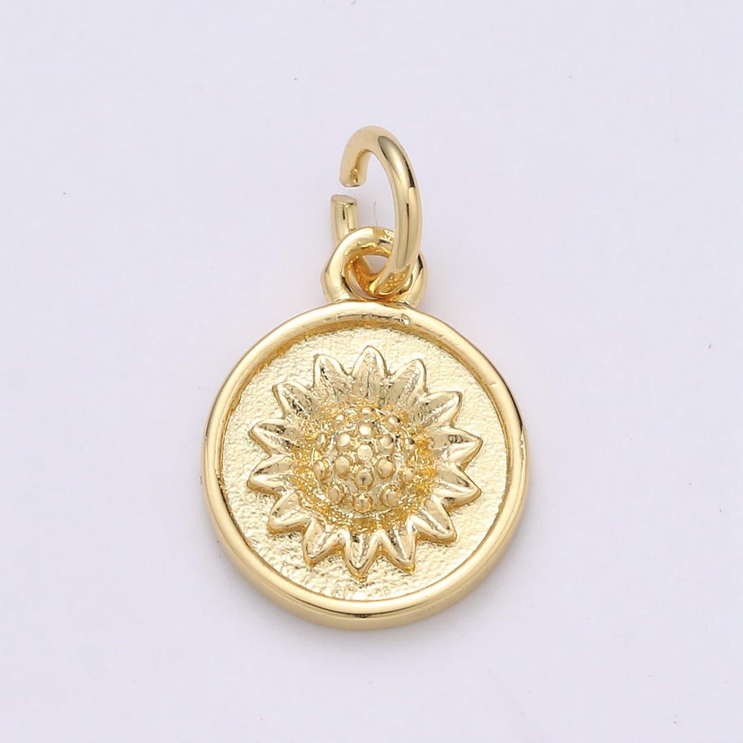 24k Gold Filled Sunflower Charm, Petal Sun Flower Pendant Coin Round ...