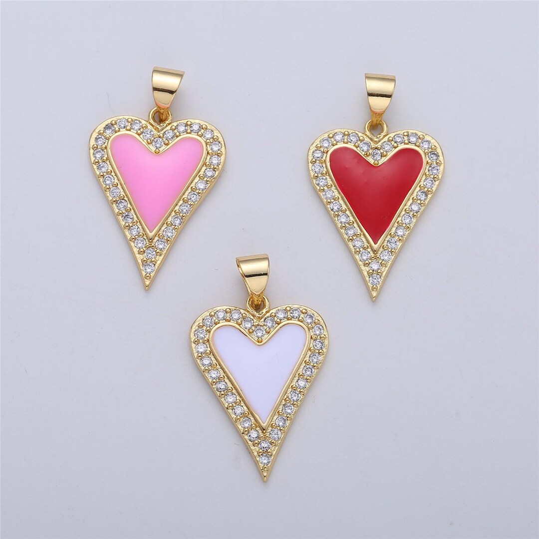 Dainty Enamel Red Heart Pendant, Pink, Red, White Heart Cz Micro Pave ...