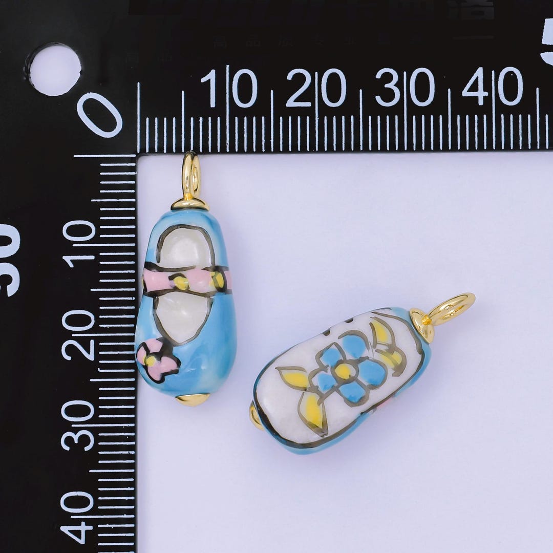 24K Gold Filled Blue Flower Charm Pink Flower Ceramic Drop Pendant | AF ...