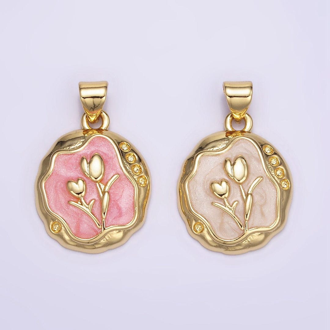 1pc Gold Tulip Charms White, Pink Enamel Flower Charm Abstract Oval ...