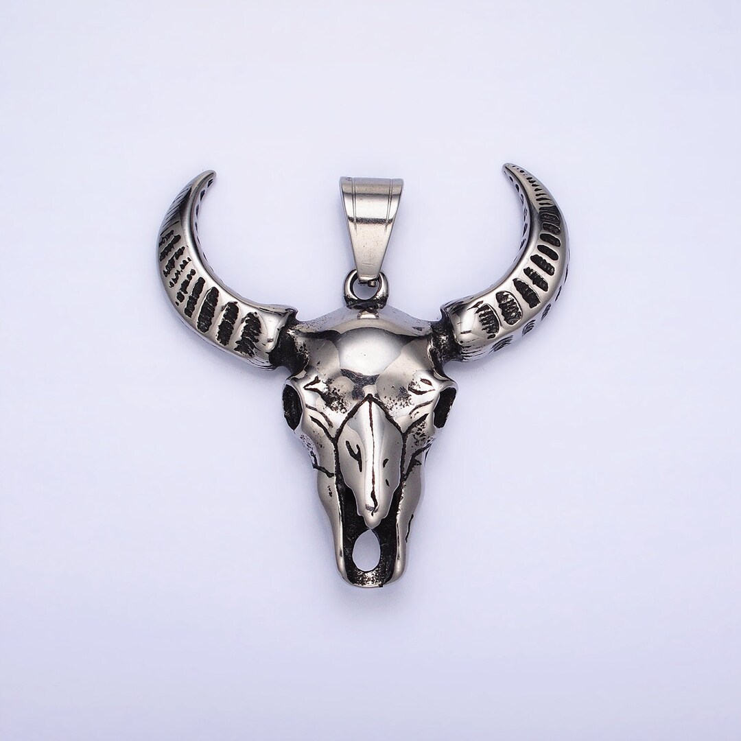 Stainless Steel Engraved Bull OX Cow Head With Horn Pendant in Silver ...