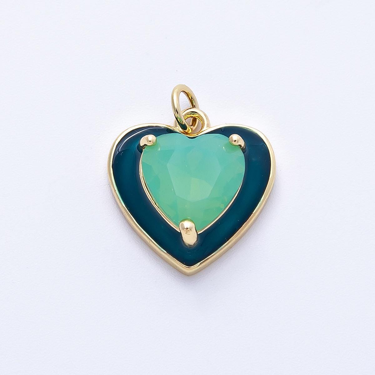 16K Gold Filled 17mm Blue Teal Turquoise CZ Enamel Heart Charm Romantic ...