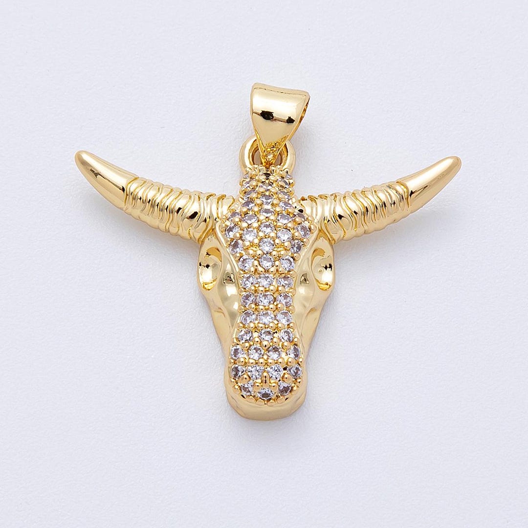 16K Gold Filled 22mm Micro Paved Bulls Head Animal Pendant Western ...