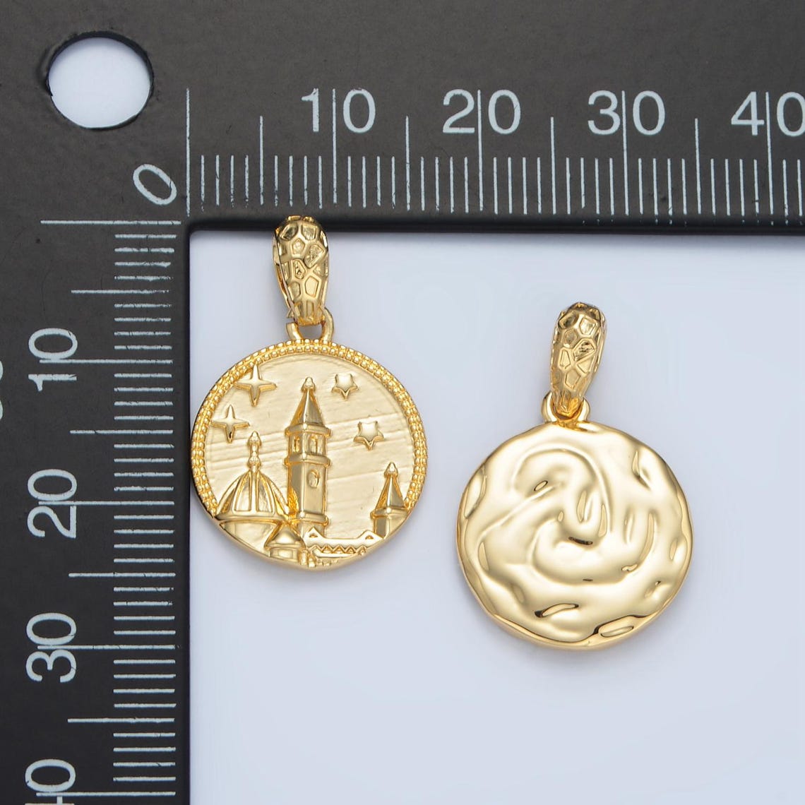 Mini Gold Round Coin Charm With Castle Star Panoramic Pendant I527 - Etsy