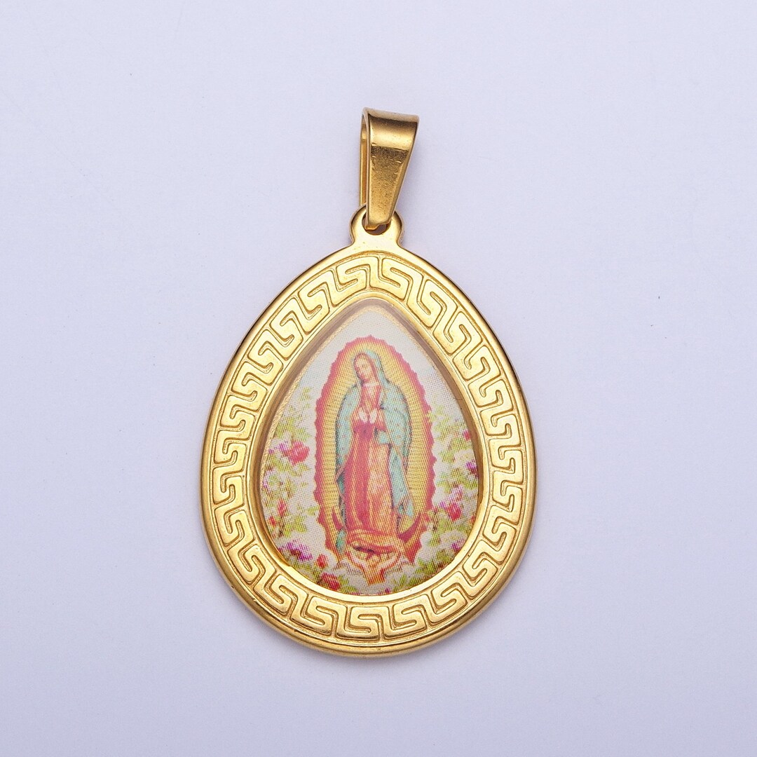 Gold Virgin Mary Oval Medallion Pendant, 24K Gold Filled Stainless ...