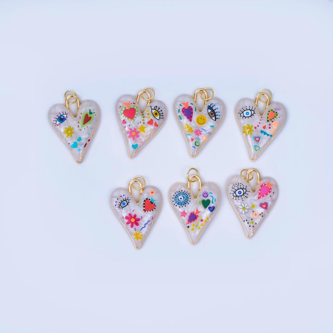 Enamel Heart Charm Evil Eye Pendant 24K Gold Filled Graffiti Charm ...