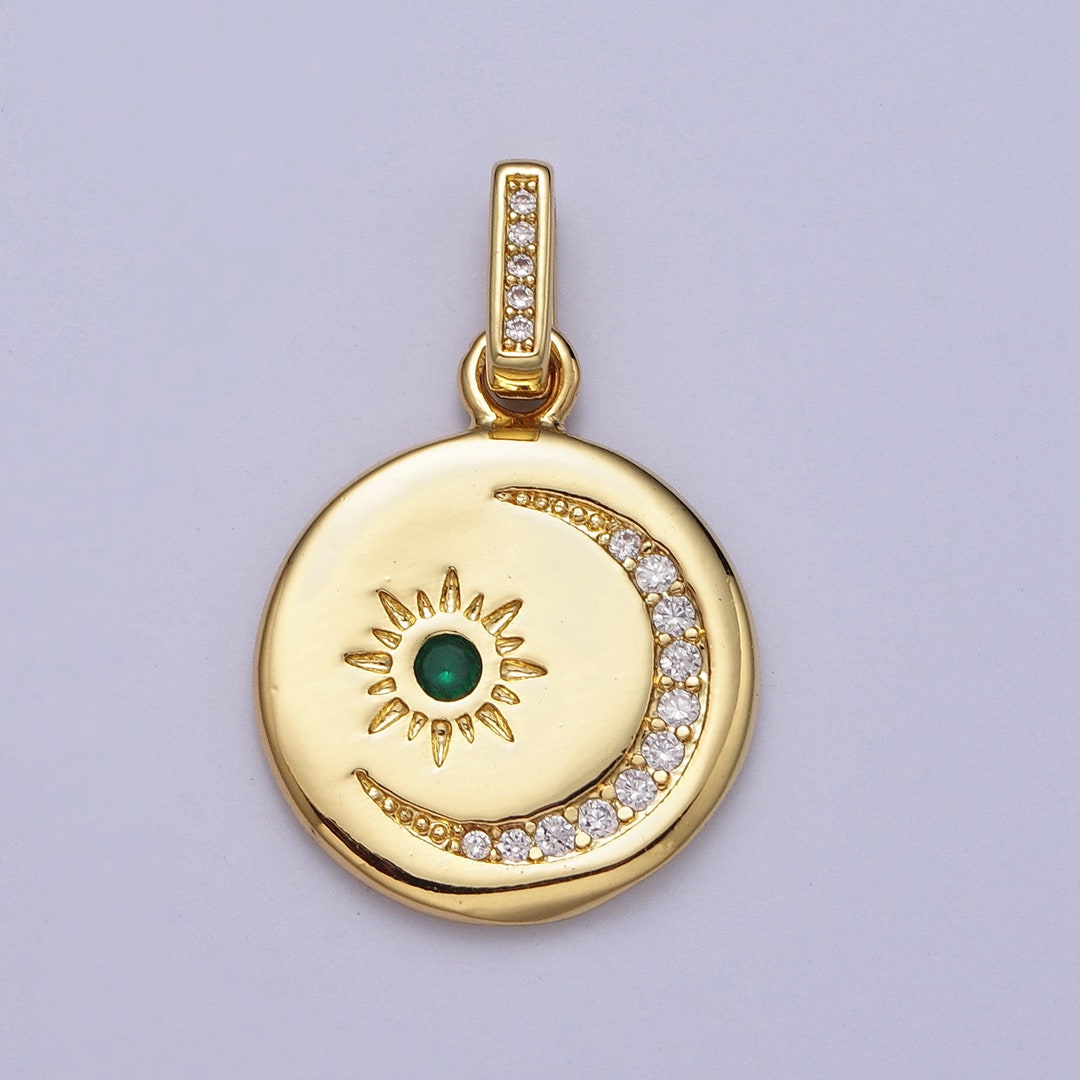 14K Gold Filled Celestial Sun Crescent Moon Round Coin Charm Cubic ...