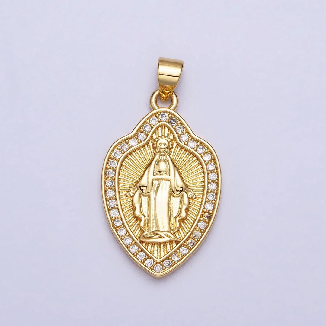 24k Gold Filled Miraculous Lady Virgin Mary Line Textured Shield ...