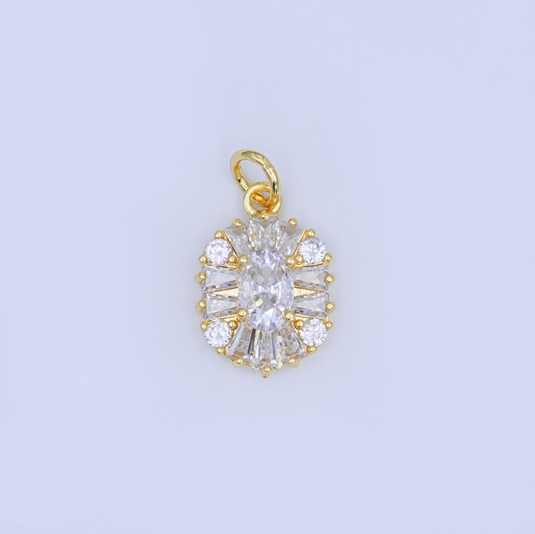 24k Gold Filled Oval Halo CZ Charm Clear CZ Radiant Starburst Pendant ...