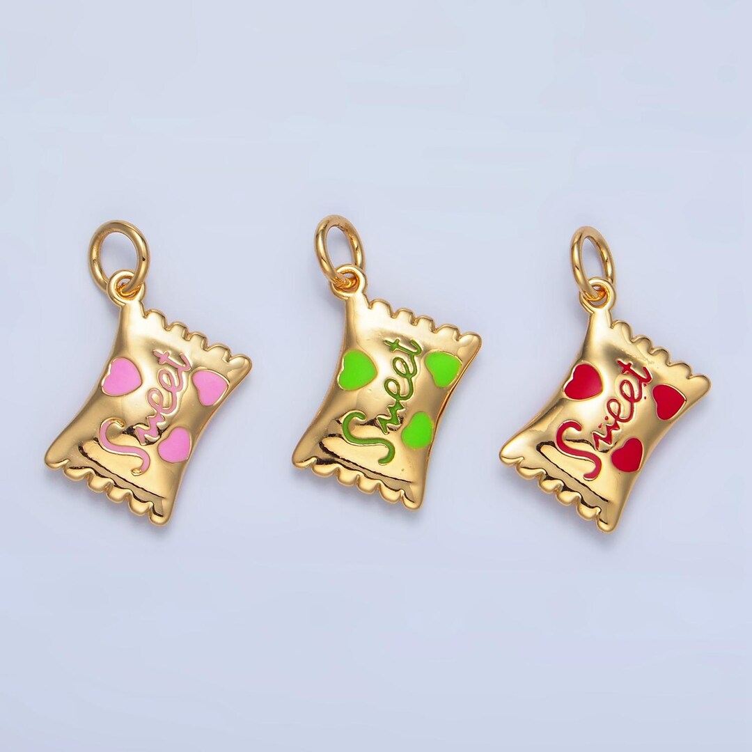 14K Gold Filled Heart Candy Sweet Script Enamel Wrapper Puffed Add-on Charm Food Snack Jewelry ...