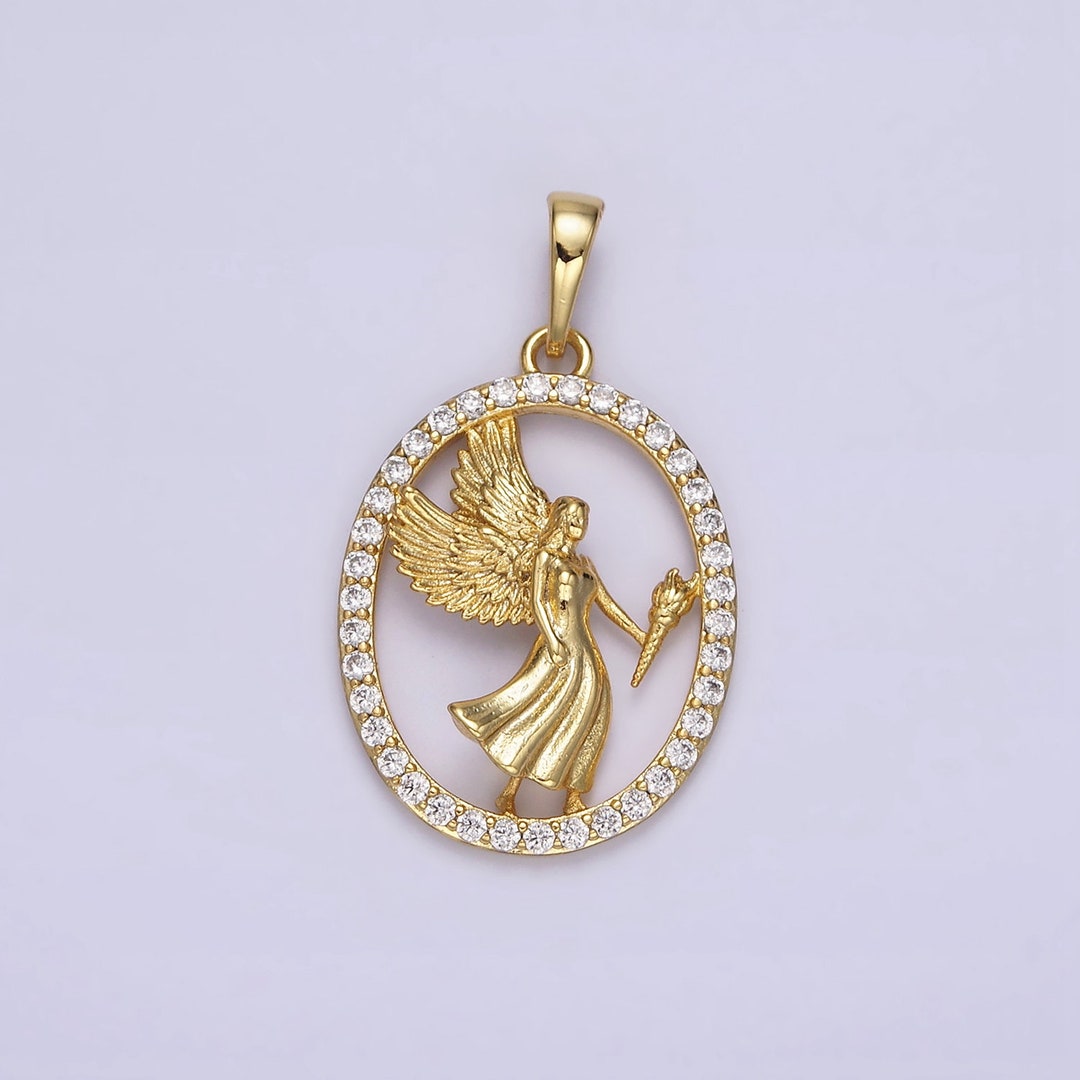 14K Gold Filled Angel Feather Torch Open Micro Paved CZ Oval Pendant ...